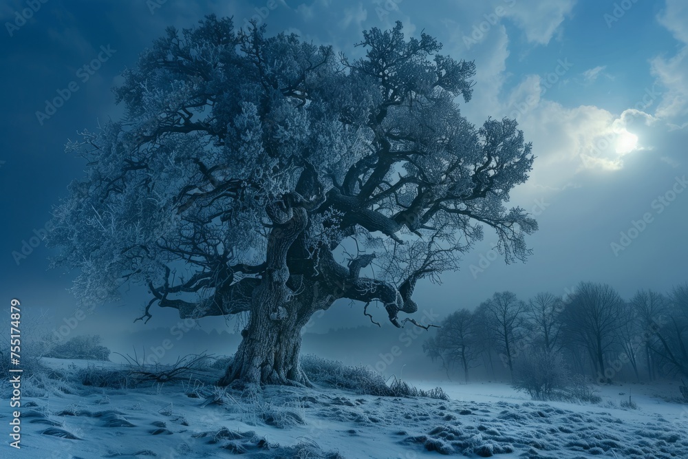 The ancient oak, frozen in time, captured by the moonlight white raw ...