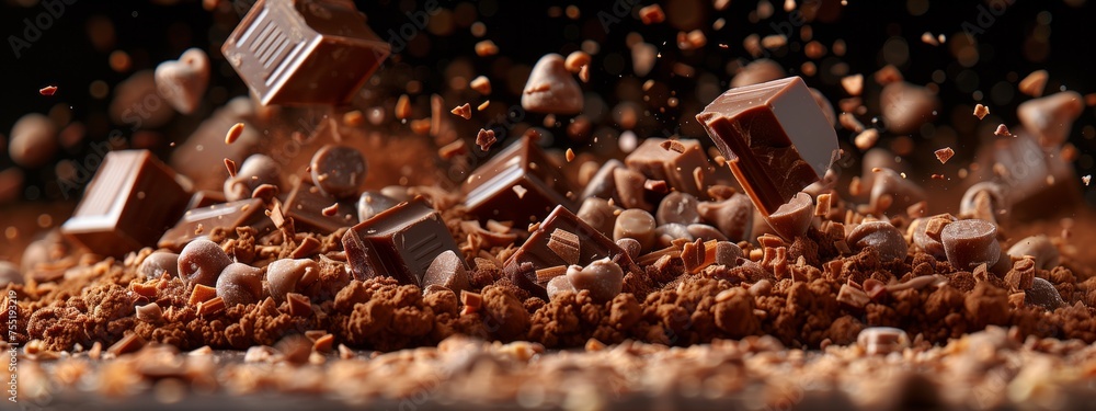 Chocolate pieces falling onto a mound of cocoa powder Stock Photo ...