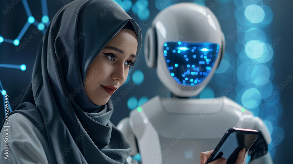 Arabic women Chatbot Chat with AI, Artificial Intelligence. man using technology smart robot AI ...