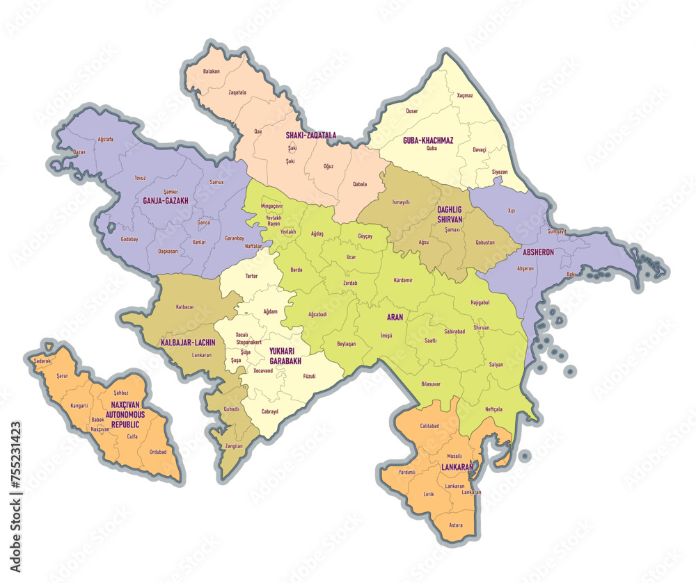 Administrative map of Azerbaijan showing regions provinces Stock Vector ...