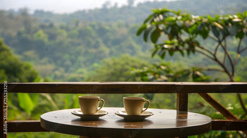 peple with cup of coffee tea enjoying the view from the balcony on tea ...