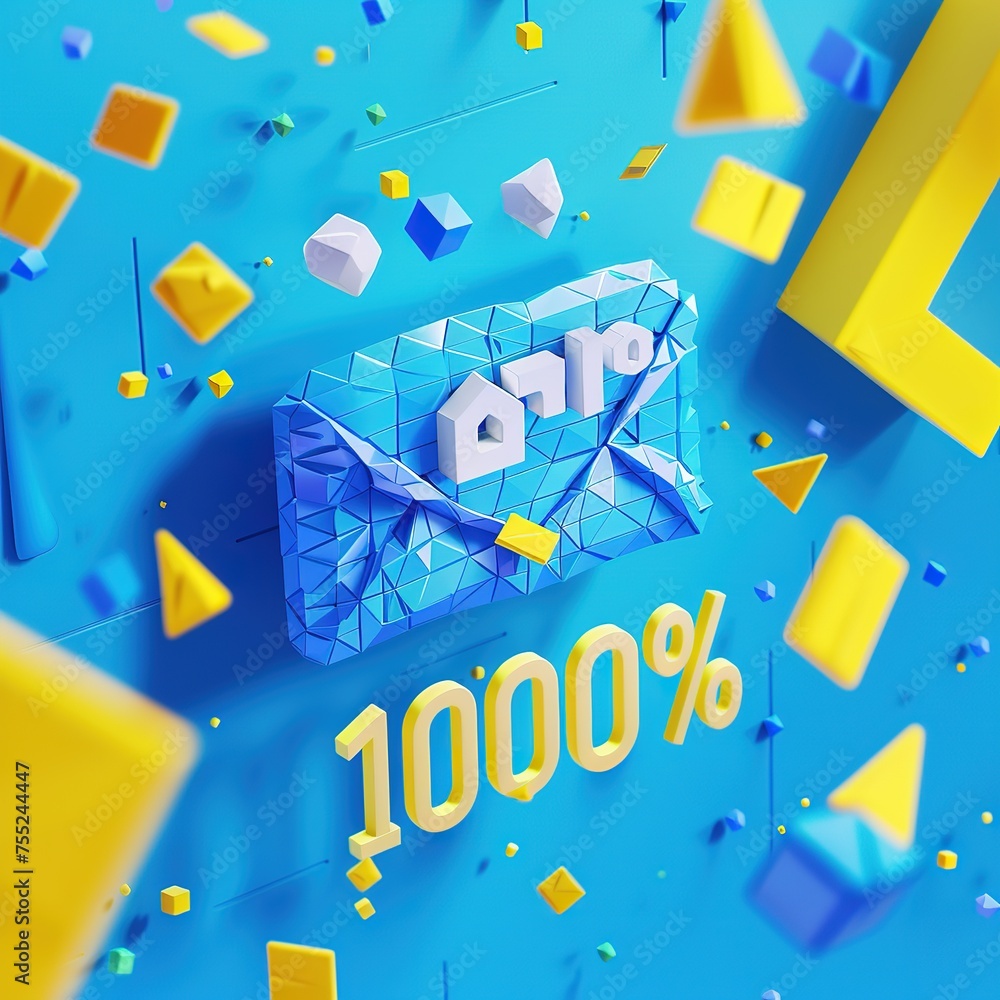 16 bit 3d low poly illustrations of a letter write "100%" floating in ...