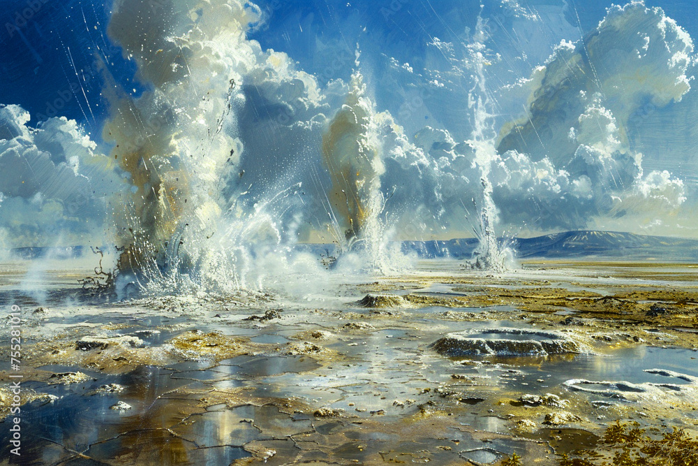 An aquatic scene where the ocean spray turns to steam as it meets the ...