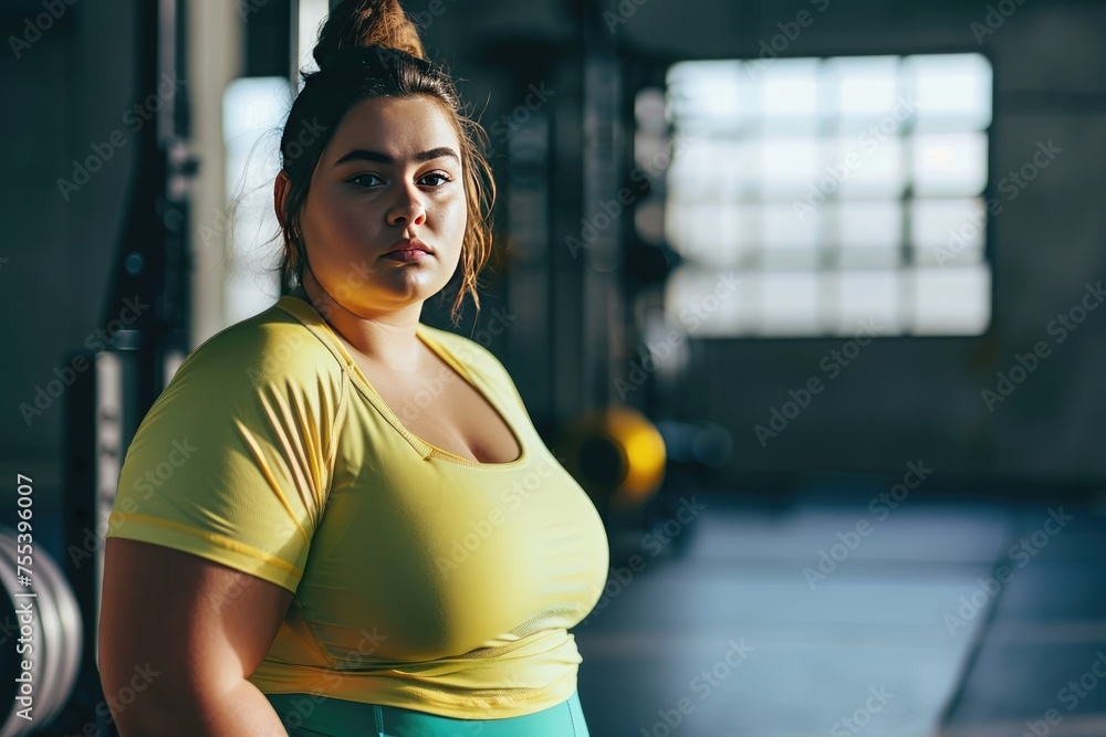 Very fat young woman with a sad face stands in the fitness center next ...
