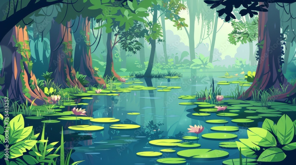 Tropical swamp landscape with marsh, water lilies, tree trunks and bog ...
