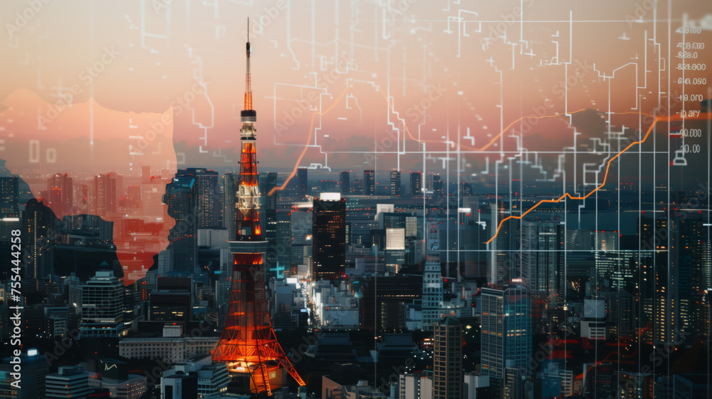 Tokyo Japan business skyline with stock exchange trading chart double ...