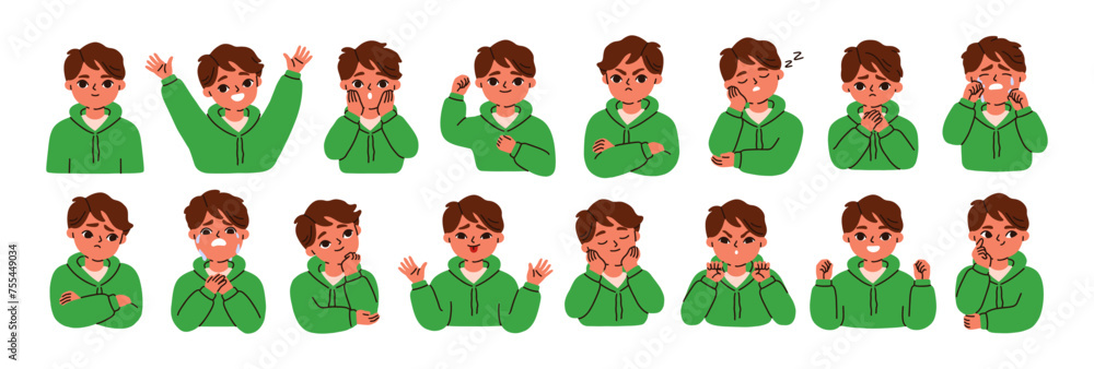 Kid emotions set. Child with different face expressions. Boy character ...