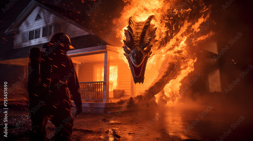 Firefighter bravely confronts sinister fire dragon amidst house fire ...