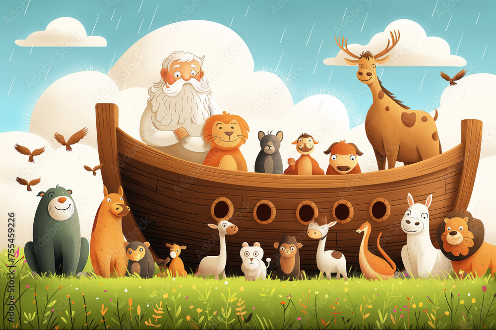 Noah ark with animals before the floor, colorful simple cute childish ...