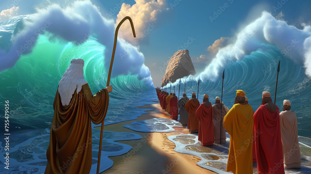 Jewish exodus biblical story cartoon illustration - Moses parting the ...