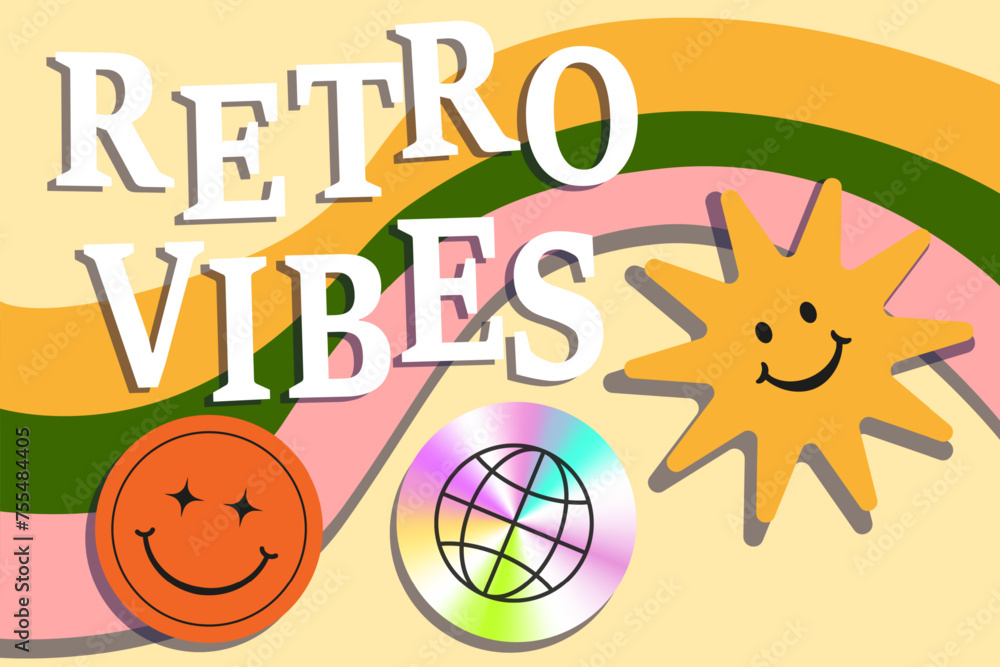 Retro vibes poster. Happy emoticon sticker. Groovy design. Summer sun ...