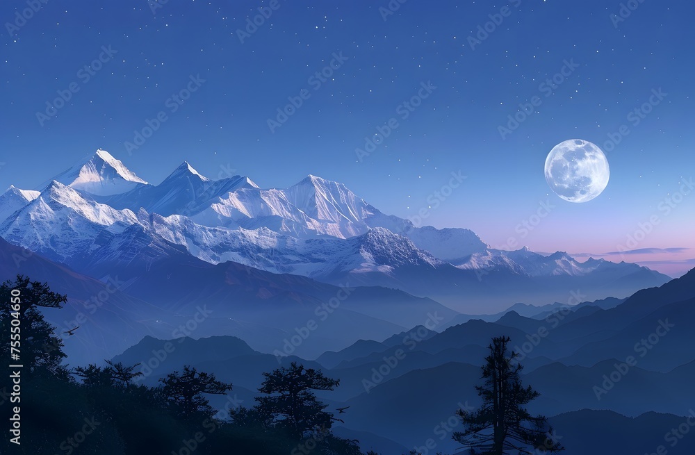Full moon illuminates the snow-capped Himalayas, casting shadows over a ...