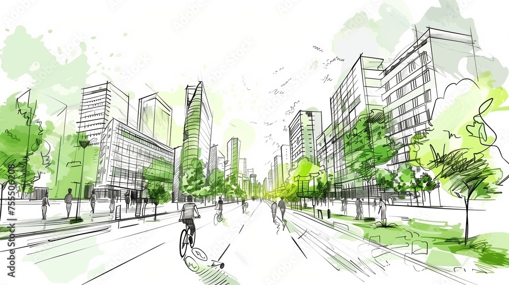 An artistic sketch depicting a bustling urban street scene focused on ...