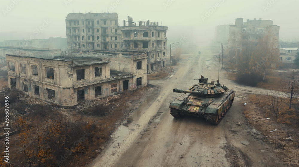 Tanks entering into a ruined city, war destruction urban battlefield ...