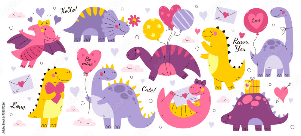 Romantic dinosaur cute characters colorful prints set, lovely monsters ...