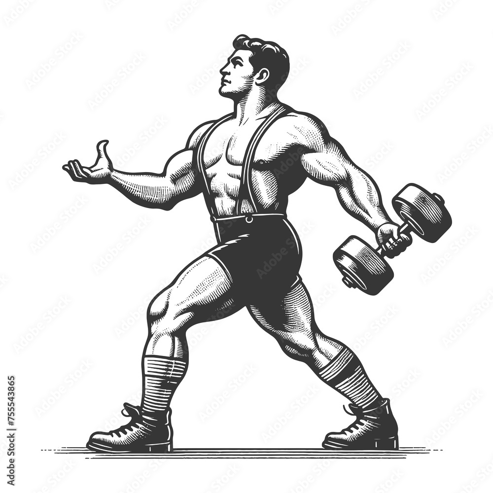 Strongman athlete with dumbbell weights sketch engraving generative ai ...
