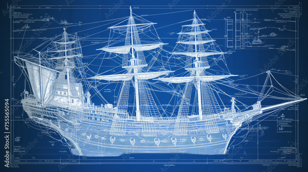 Illustration of a technical drawing of an old boat galleon style mixing ...