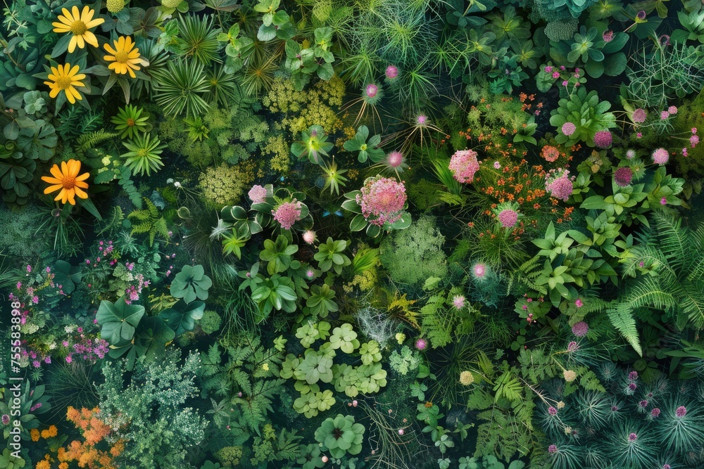 An aerial view of a rewilding area with flourishing native plants and ...