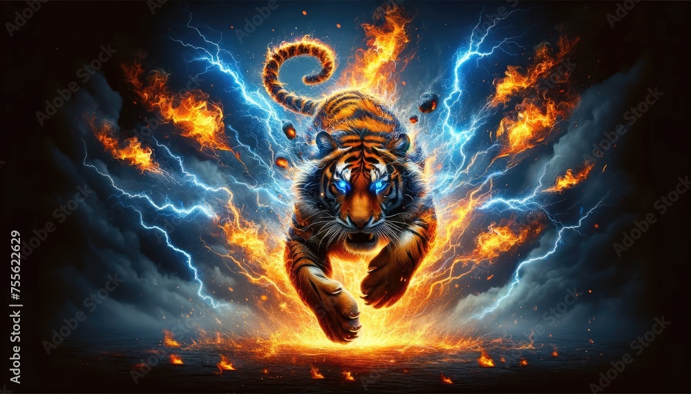 Dynamic digital art of a tiger roaring amidst a storm of fire and ...