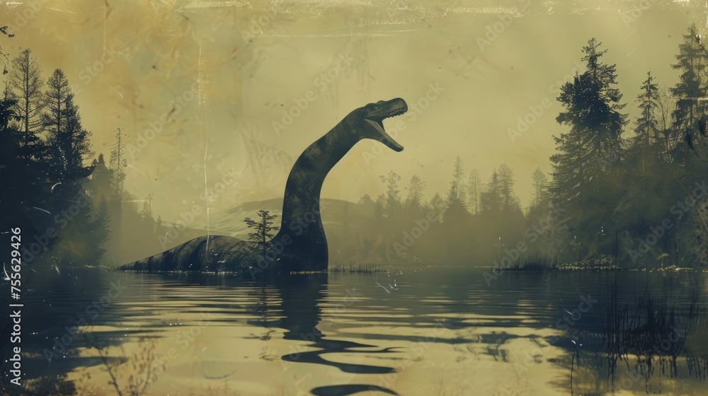Illustration Stock Old retro photo of loch ness creature. Underwater monster swim in lake ...
