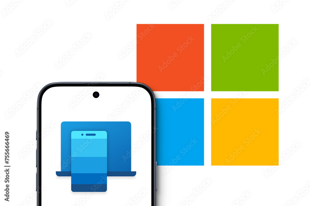 Link to Windows app logo is displayed on a modern smartphone, Microsoft ...