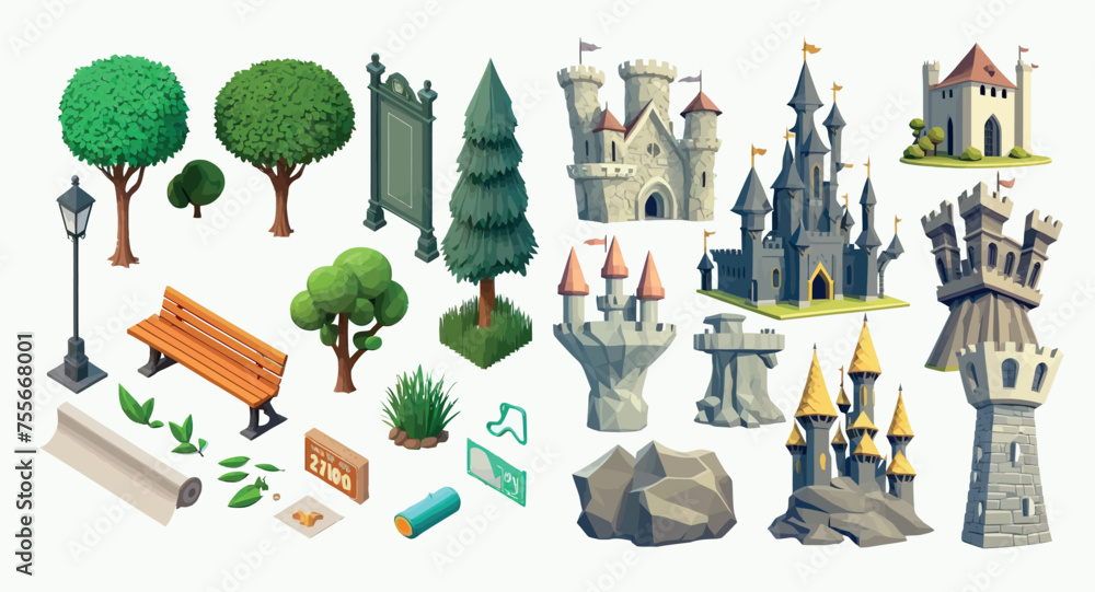 Collection of Vector Elements for Fantasy Game Environment, Including ...