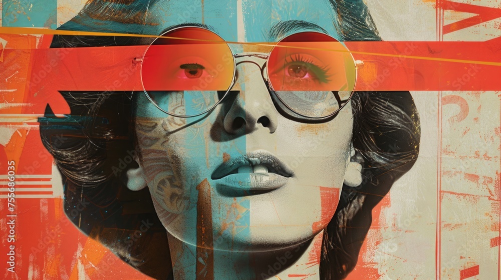Pop Art Collage. A woman's face artfully integrated into a retro trendy ...