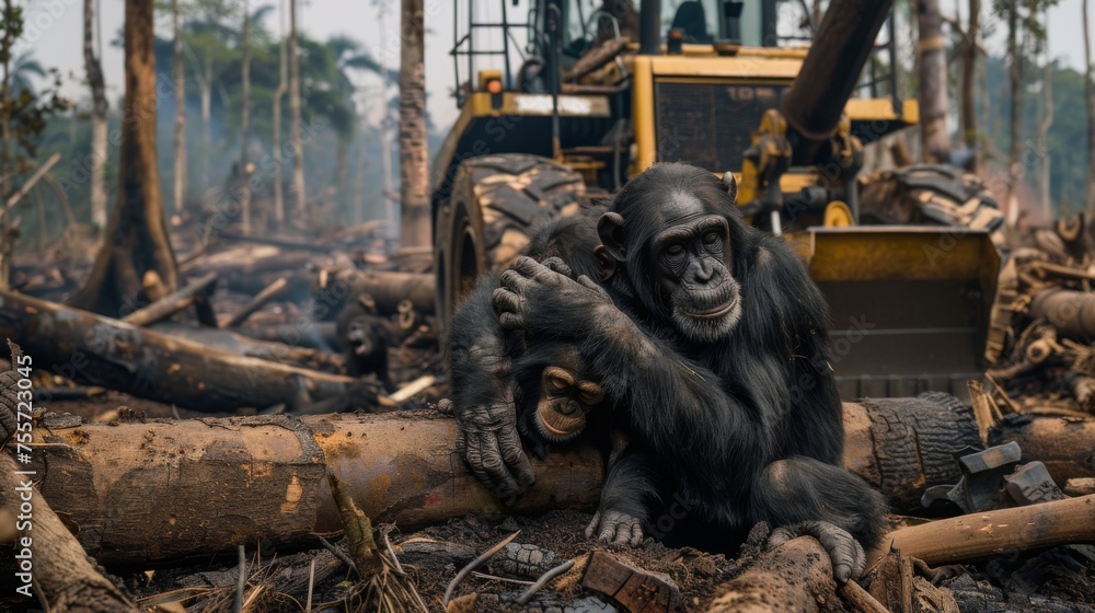 A family of chimpanzees hugged each other in a fire-ravaged forest ...