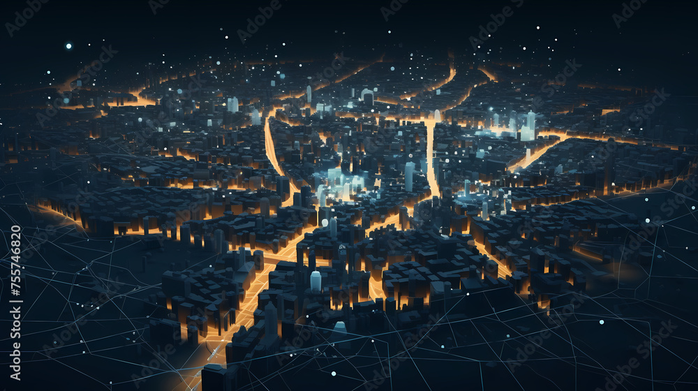 City plan with glowing city map and infrastructure grid, city map ...