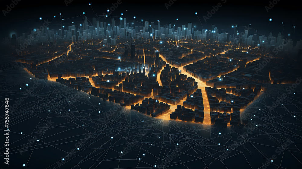 City plan with glowing city map and infrastructure grid, city map ...
