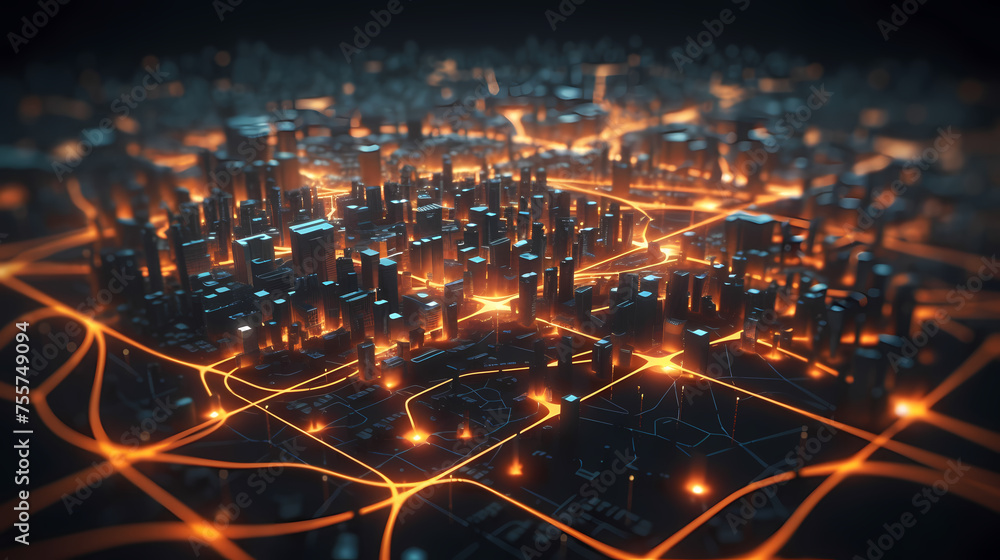 City plan with glowing city map and infrastructure grid, city map ...