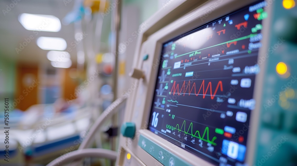 Vital signs monitor screen illuminated with various health metrics in a ...