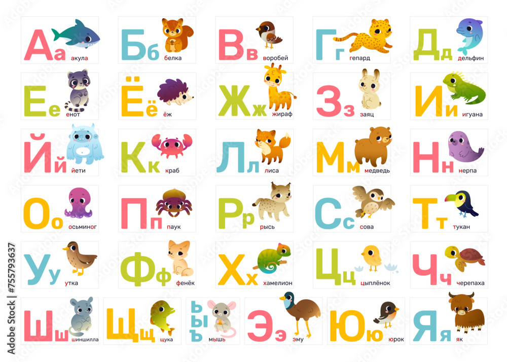 Cute russian alphabet poster for kids with animals. Bright Abc learning ...