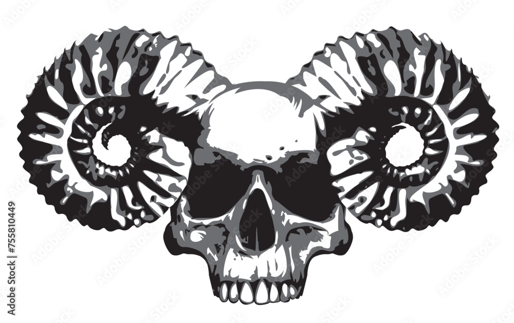 Vector illustration with human skull with horns ram in grunge style ...