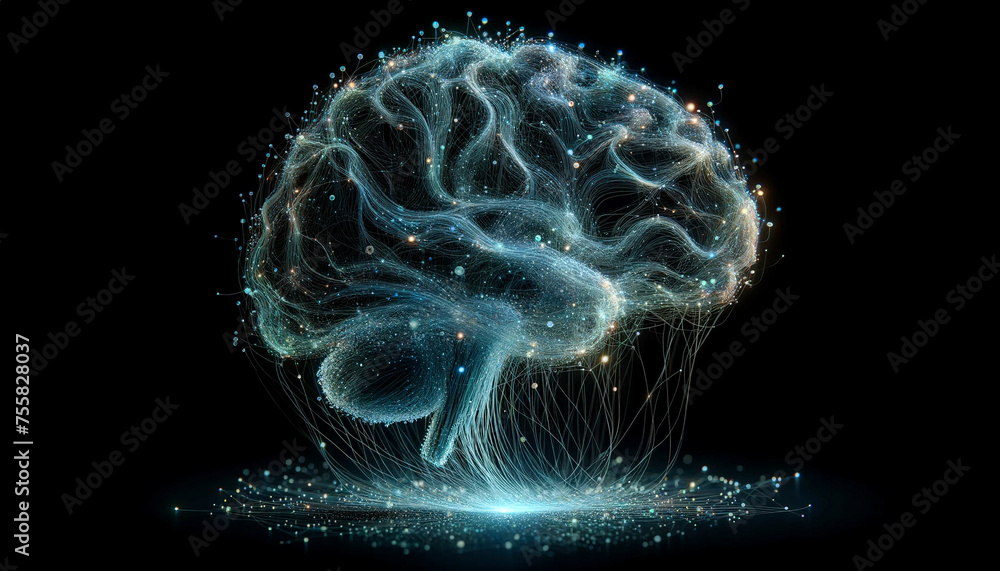 Abstract human brain neural network by colorful light particles flowing ...
