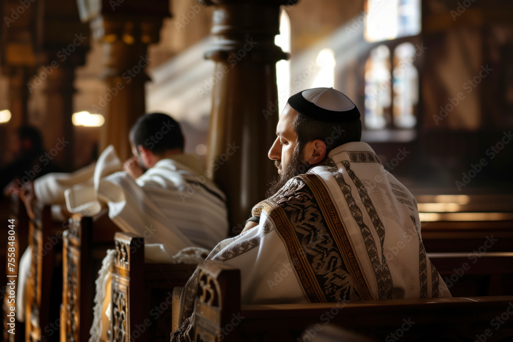 Located in an Orthodox synagogue, Jewish worshipers are praying with ...