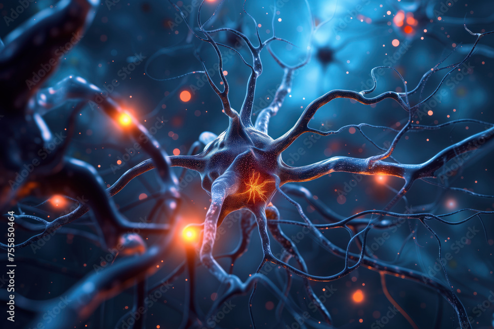 Motor neuron under microscope with nerve cells within nervous system of ...