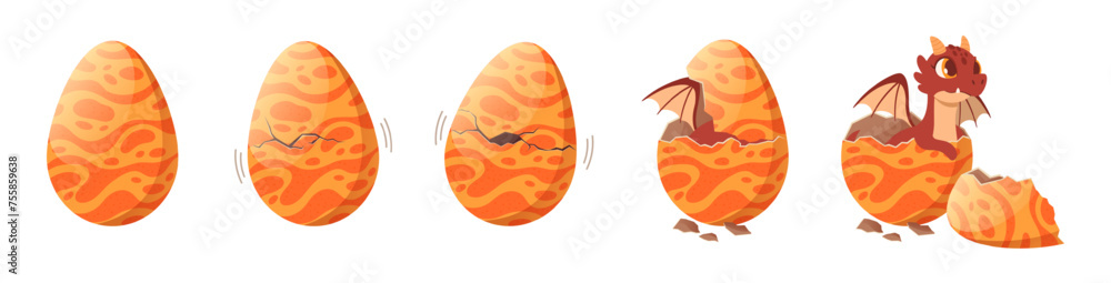 Dragon hatching from egg. Mythical fire dragon egg through incubation ...