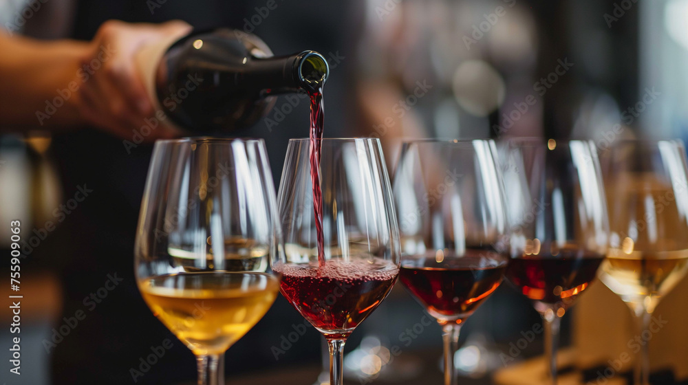 Pouring wine from bottle into glass on blurred background, closeup ...