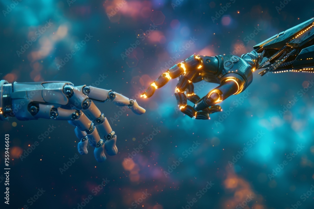 Robot and human hands reaching out to each other - A human and a robot ...