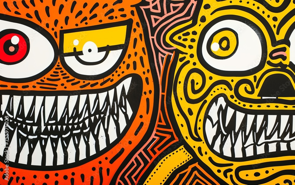 Close-up of the faces of two monsters with an evil grin and sharp teeth ...
