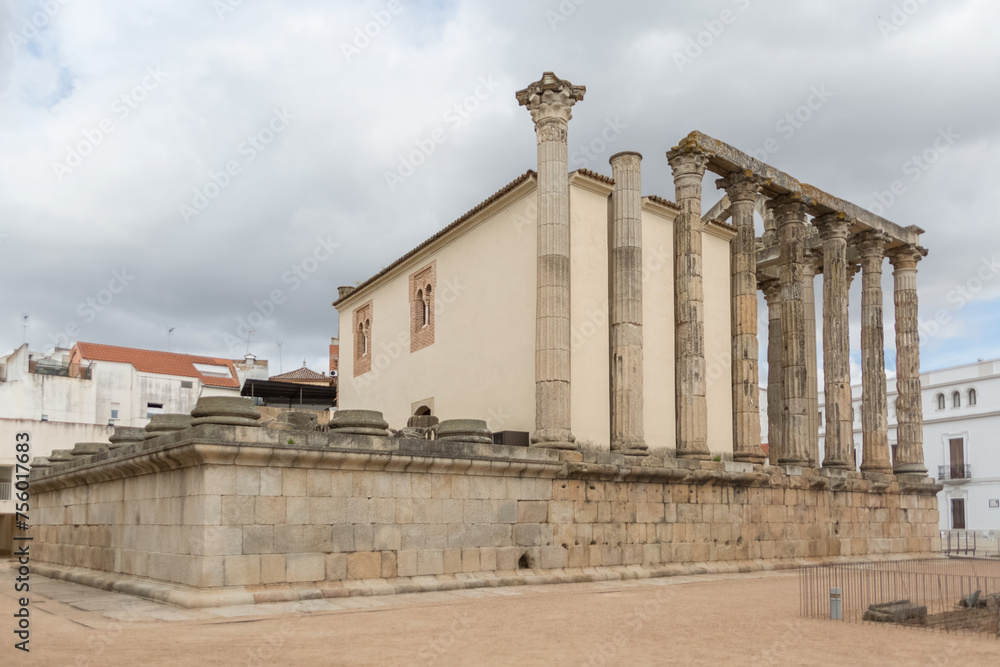 Lateral view at the roman ruin historical landmark, monument Temple of ...