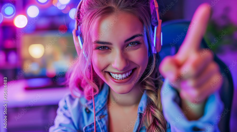 Radiant Female Gamer Pointing Forward, Engaged in Interactive Gaming in ...