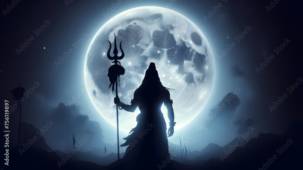a silhouette of lord shiva with a spear standing in front of a full ...