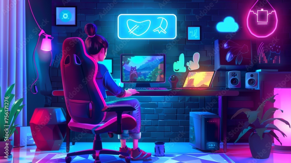 Cartoon modern room interior with gaming setup, bright neon signs, and ...