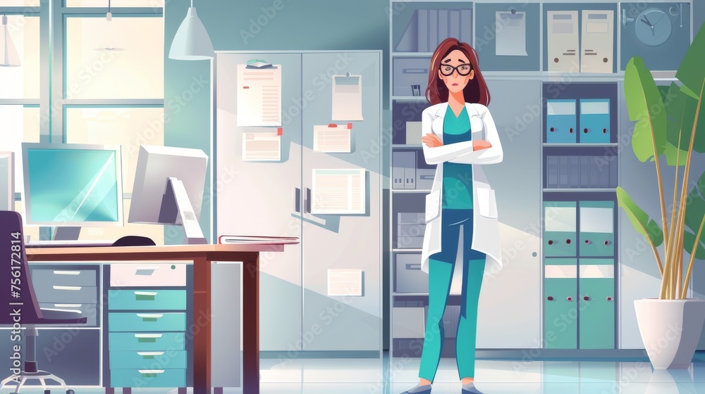 A tired doctor or nurse stands in front of lots of papers and folders ...