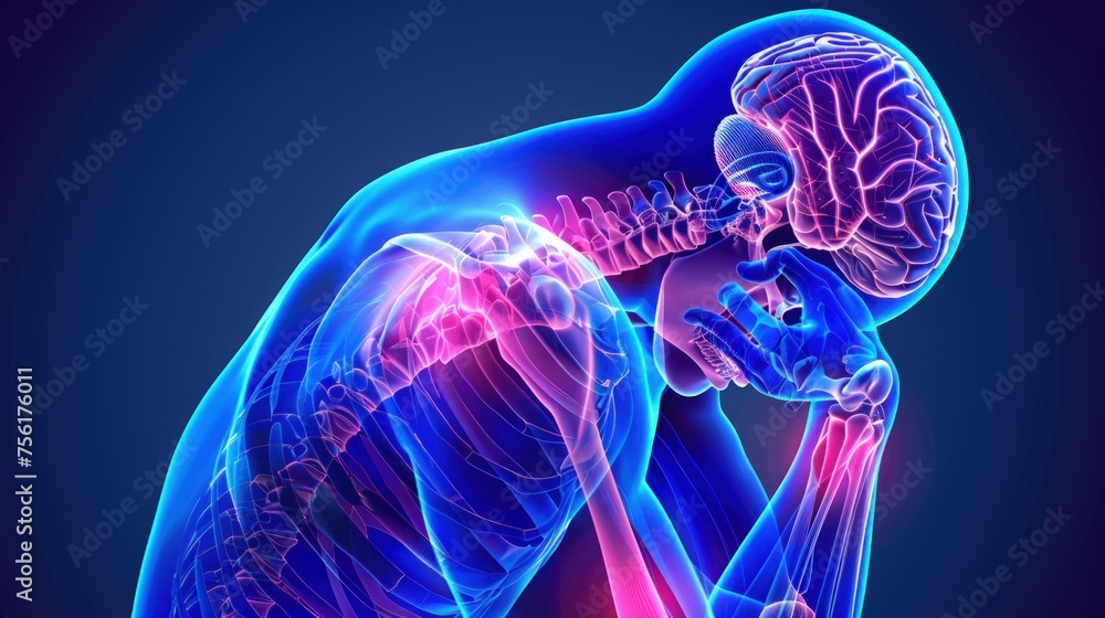 The anatomy of a person who is dizzy feels pain in the brain and joints ...