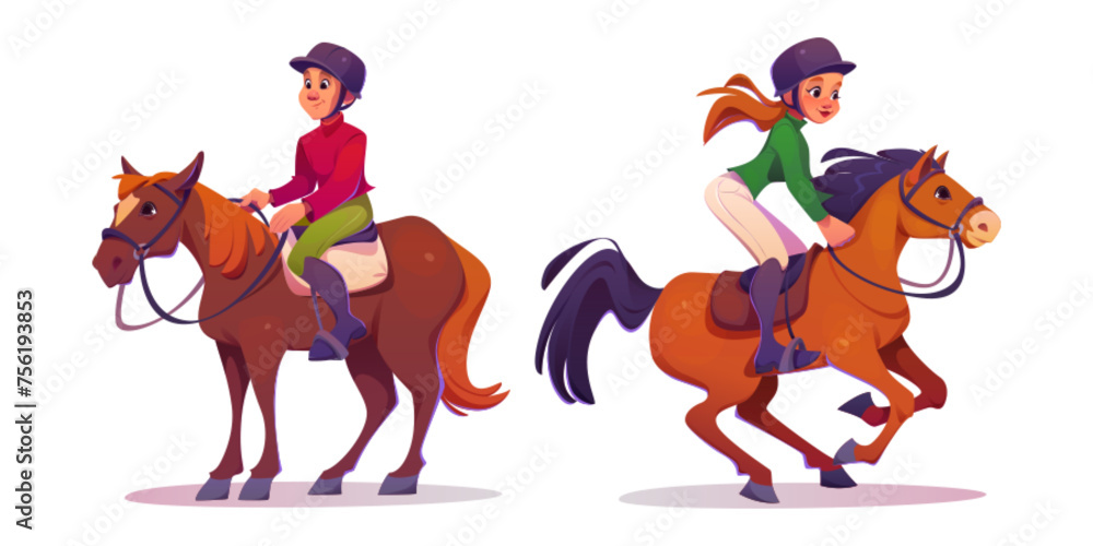 Horse rider man and woman in equipment. Cartoon vector illustration set ...
