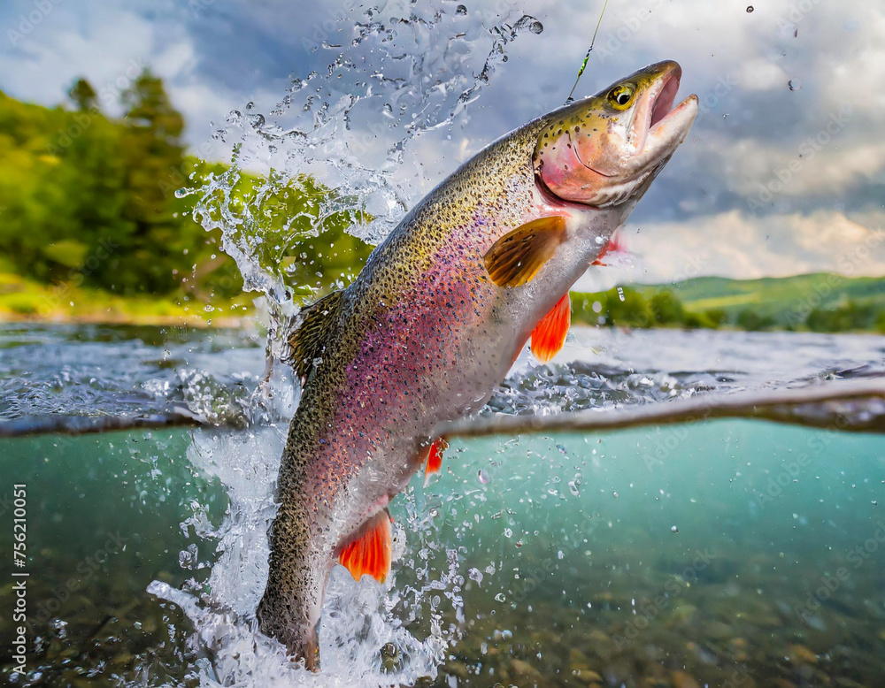 Rainbow trout jumping out of water with splash fish above water ...