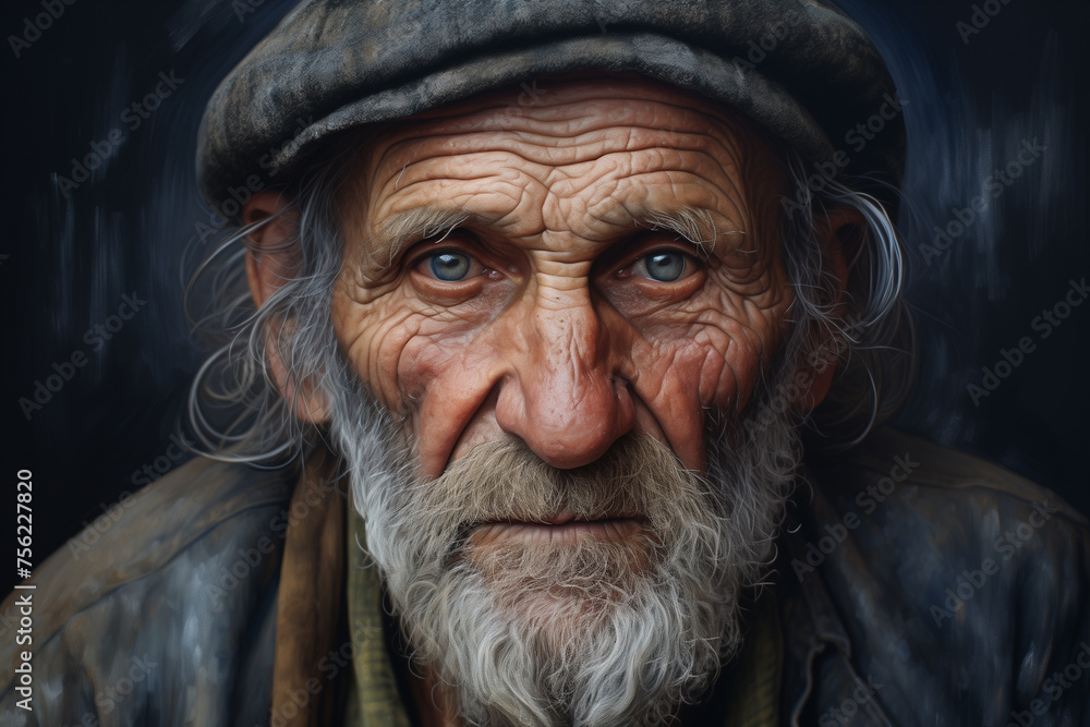 Very old man portrait, rinkled face and sorrow on his eyes Portrait of ...